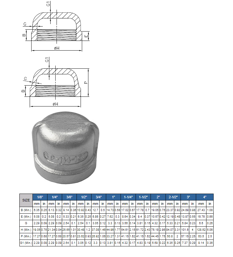 SS 150# Threaded Cap MSS-SP114 Pipe Fitting – StainlessValvesandFittings